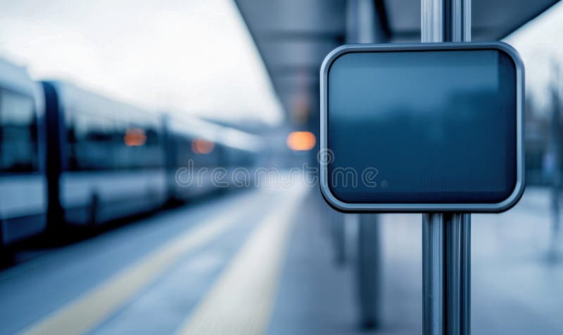 Modern Train Departs from the Platform, Behind a Blank Display Screen ...