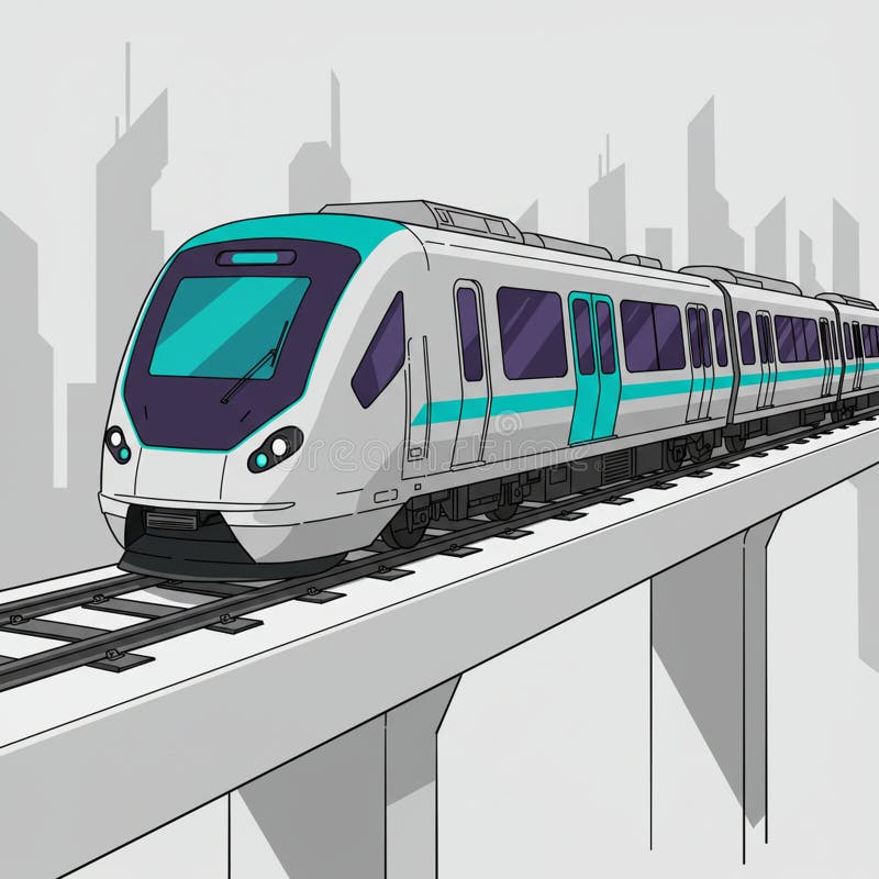 Modern Train Depicted on an Elevated Track in an Urban Setting. the Train Features a Stock ...
