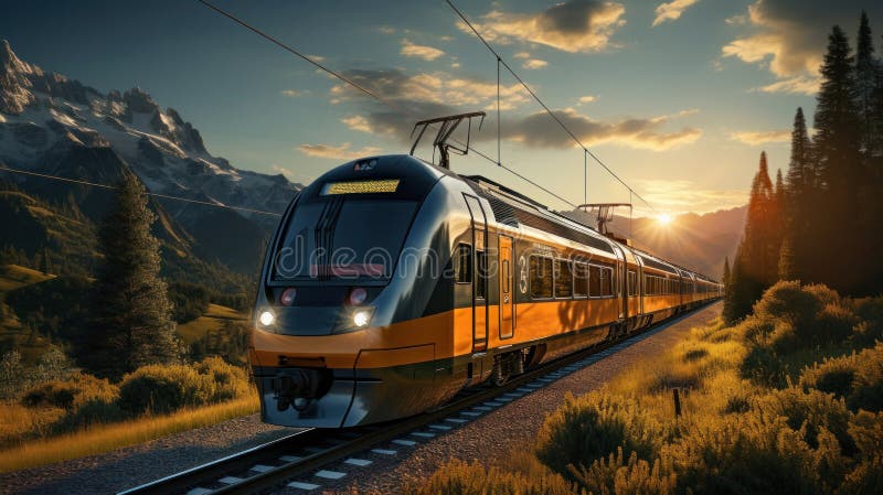 A Modern Train Driving on Railroad Tracks between Coniferous Trees and ...