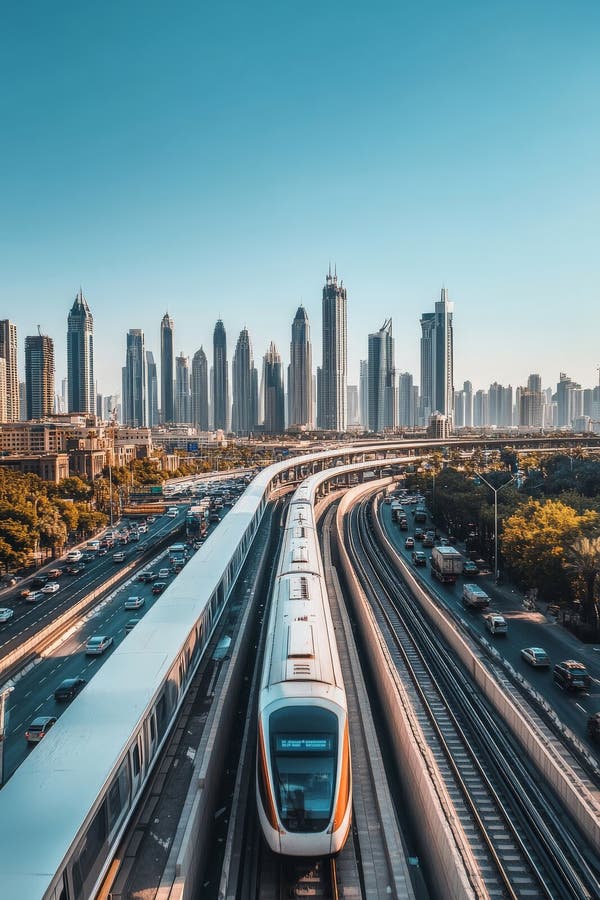 Modern Train on Elevated Tracks with Urban Skyscraper Backdrop Stock ...
