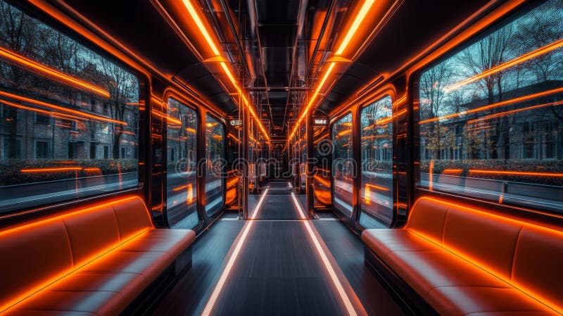 Modern Train Interior with Orange LED Lighting and City Views Stock ...