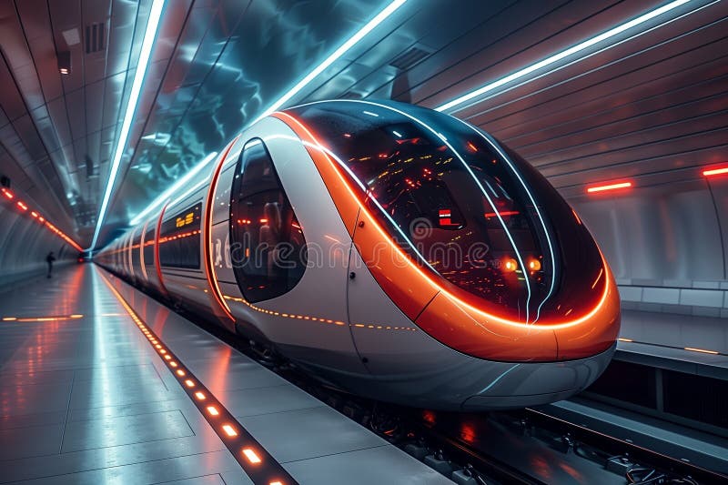 Modern Train Arriving at Underground Station with Neon Lights Stock ...