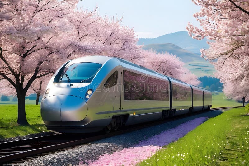 A Modern Train Passed through the Cherry Trees Stock Illustration ...