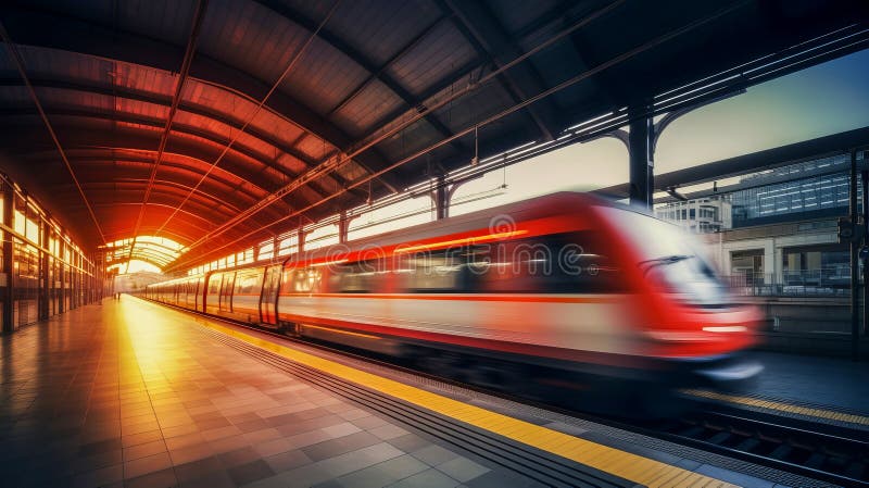 Modern Train Passes through Covered Railway Station in Beautiful Light ...