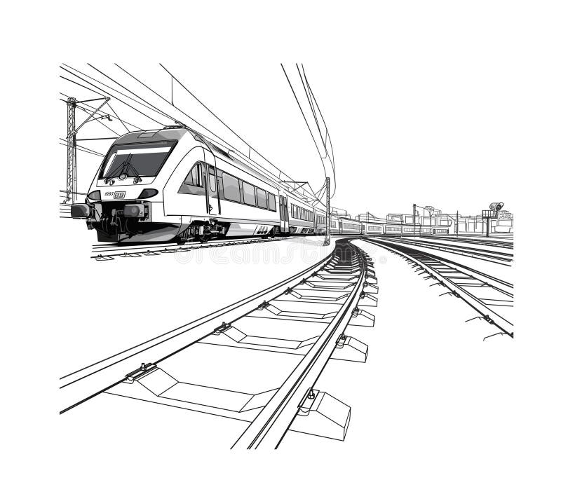 Modern Train on Railway Sketch Illustration, Vector Stock Vector ...
