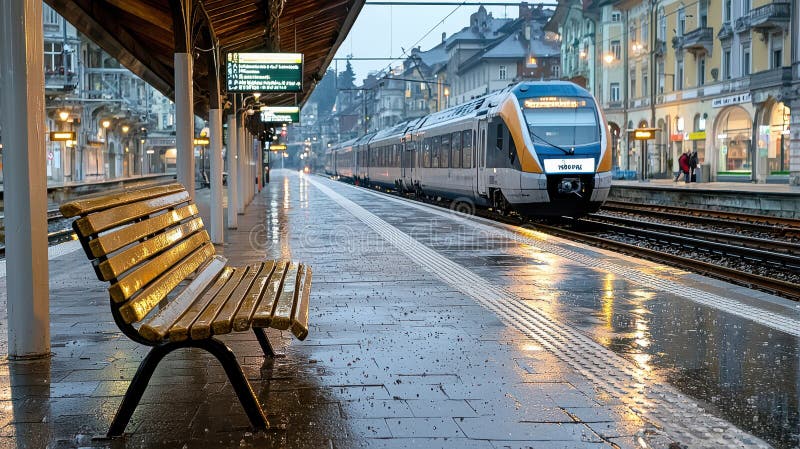 Modern Train at Rainy Station Platform with Abandoned Bench in ...