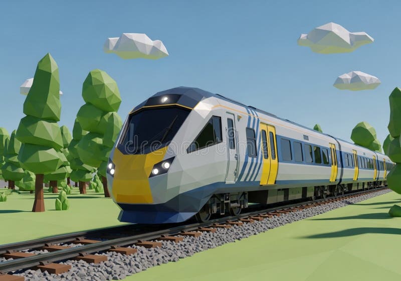 Modern Train Rendered in a Low-poly, Digital Style. the Train is Blue and Yellow, Traveling ...