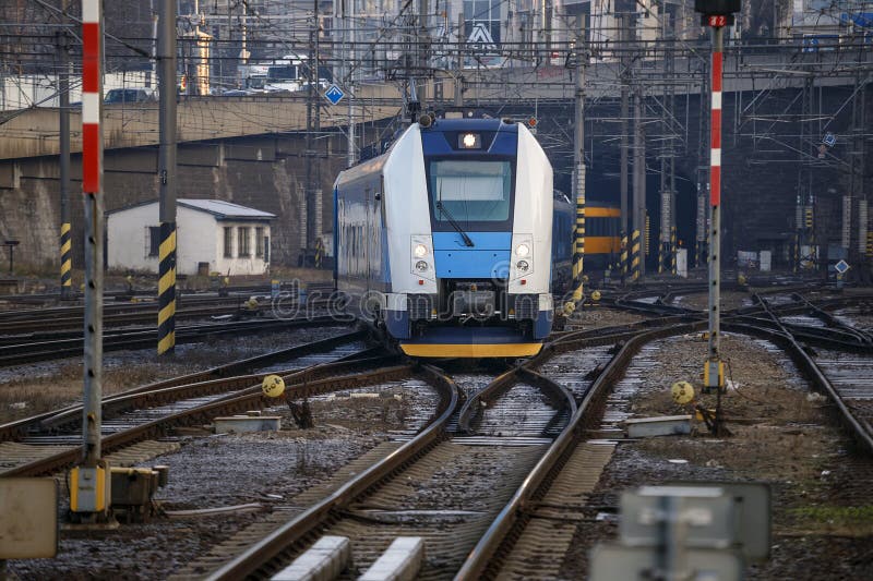 Modern Train Rides on Railway Tracks, Front View Stock Photo - Image of ...