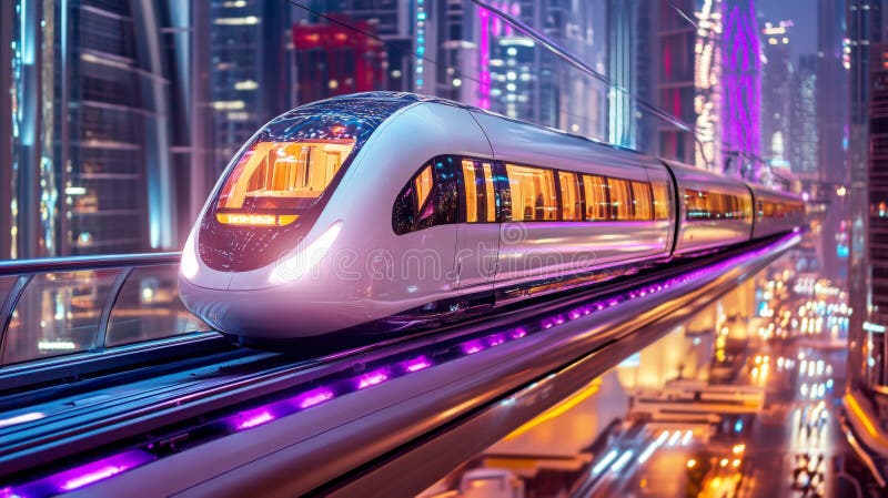 Modern Train Running on Elevated Track in a City at Night Stock ...