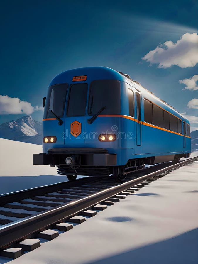 A Sleek, Blue Modern Train on Tracks during the Daytime. the Sky is ...