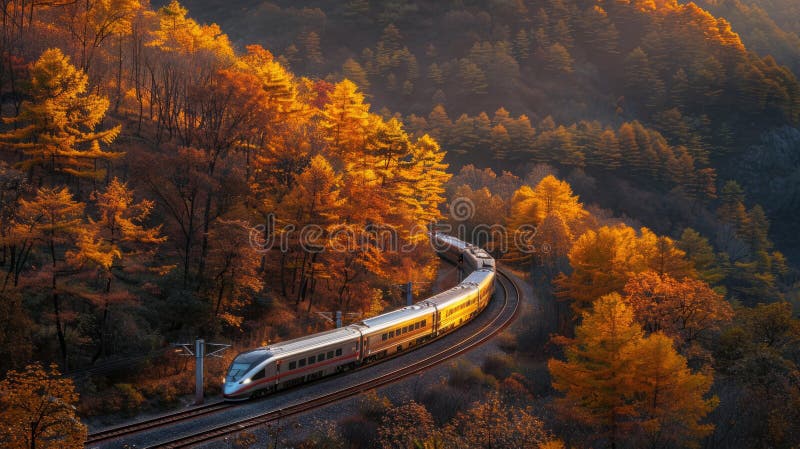 A Modern Train Snakes through an Autumn Landscape with Vibrant Fall ...