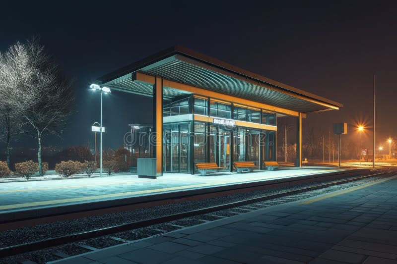 Modern Train Station Illuminated at Night with Empty Benches Stock ...