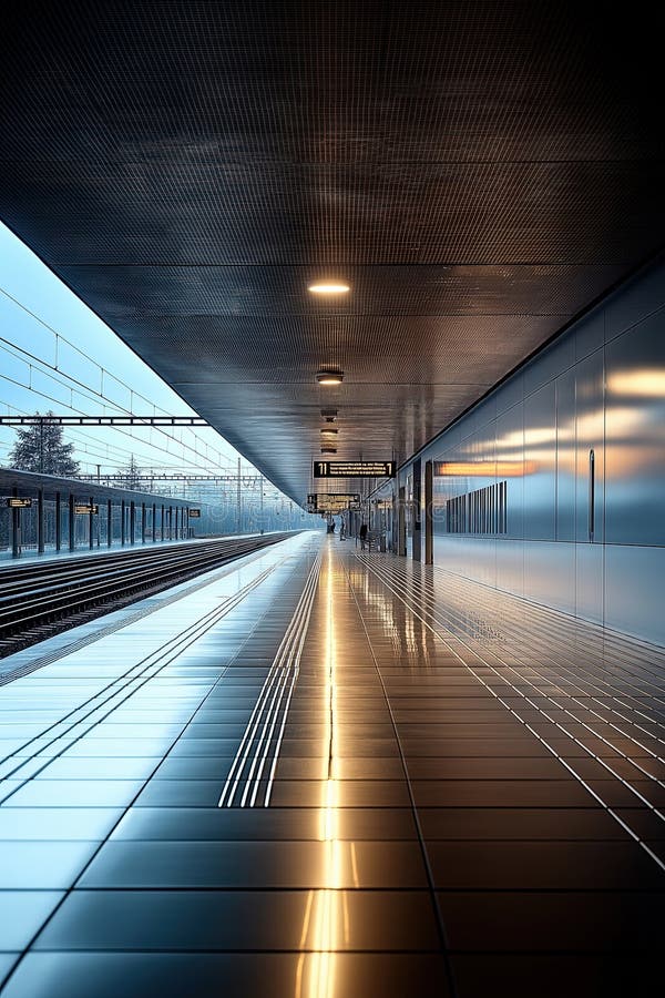Modern Train Station Platform at Dawn with Reflective Tiles and ...