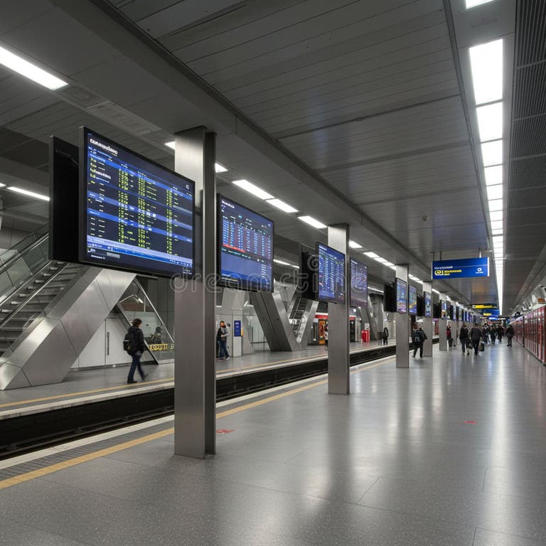 Modern Train Station Platform Featuring Multiple Electronic Information ...
