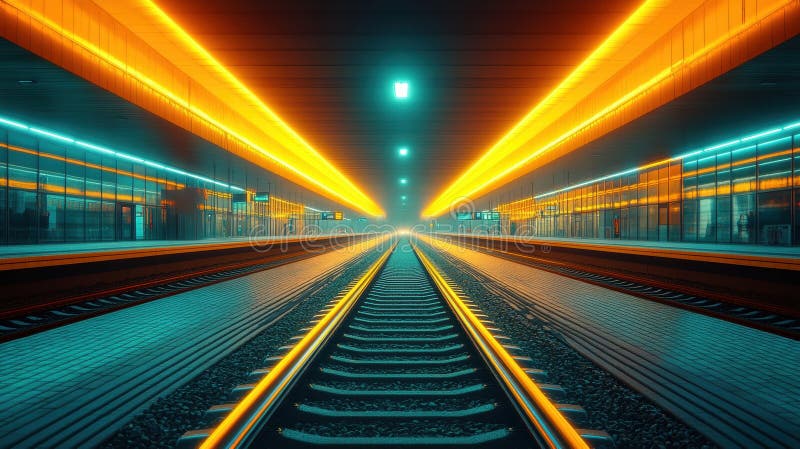 Cinematic View of a Modern Train Station Platform during Golden Hour ...