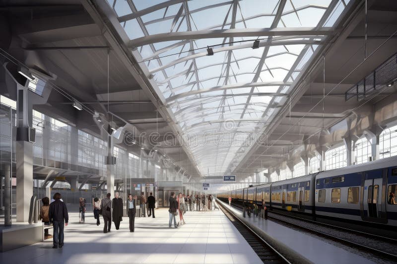 Modern Train Station, with Sleek Lines and High-tech Features, Bustling ...
