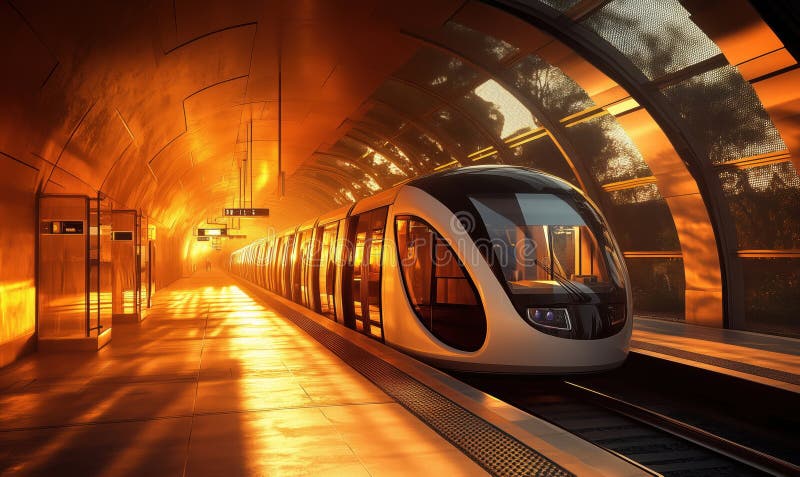 Modern Train at Sunset in Futuristic Underground Station with Warm ...
