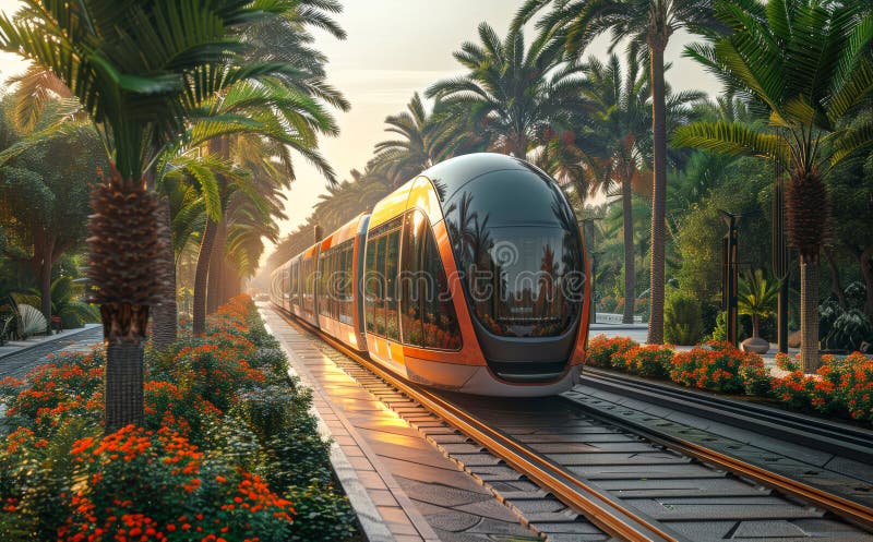 Modern Train on the Tracks Surrounded by Palm Trees Stock Image - Image ...