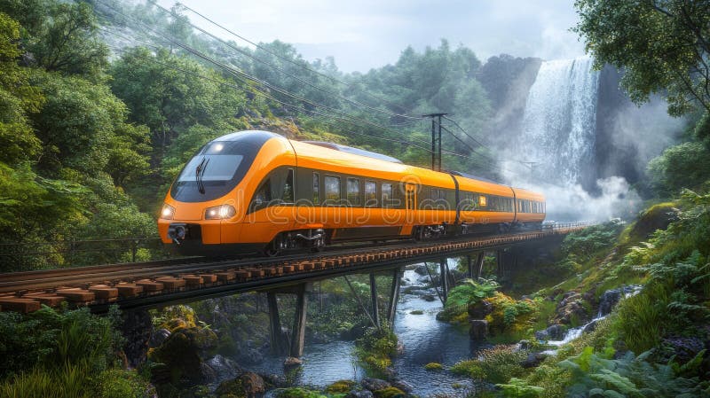 A Modern Train Traveling through a Lush, Forested Valley with a ...