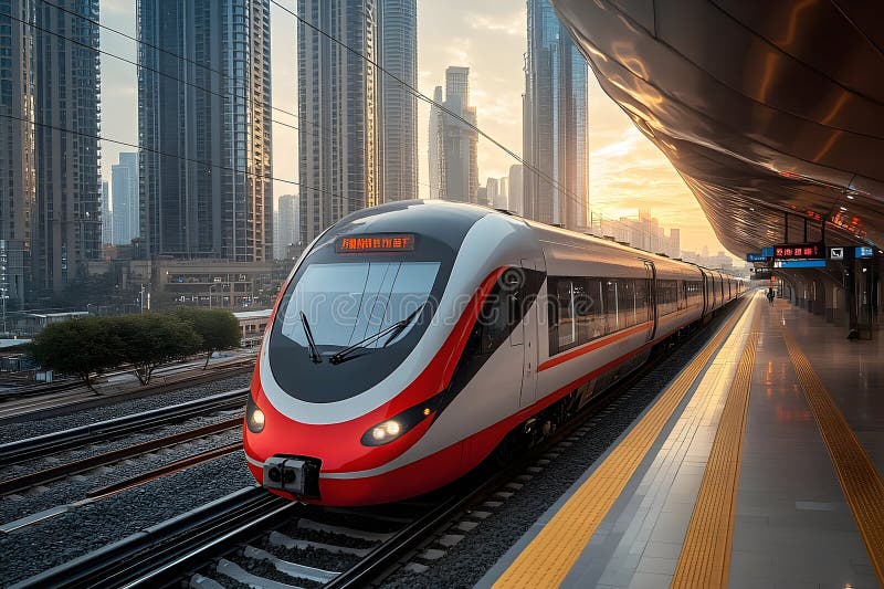 Modern Train at Urban Station at Sunrise Stock Illustration ...