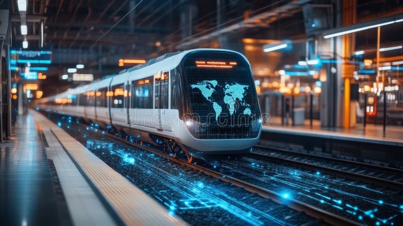 Modern Train, World Map Display, Global Connectivity, Information ...