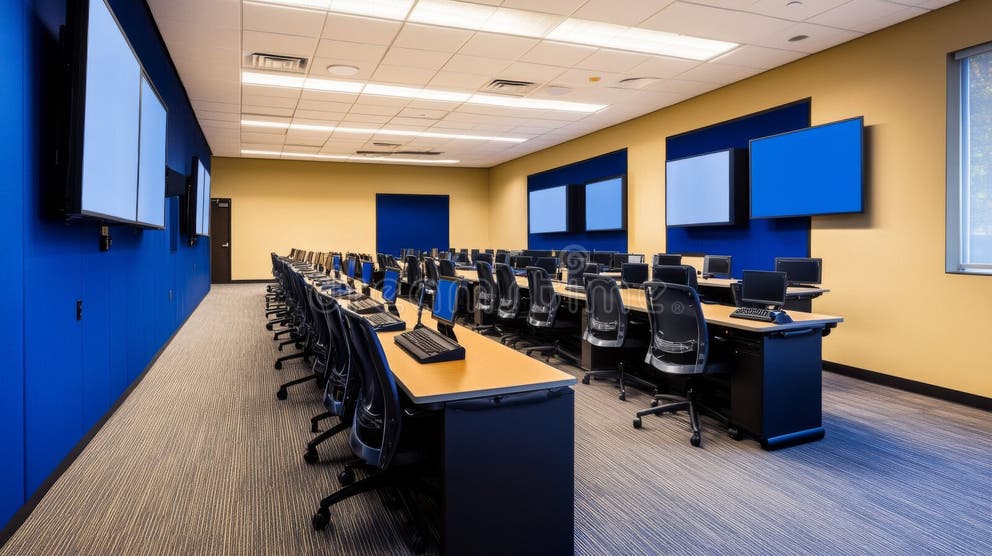 Modern Training Room with Blue Walls and Multiple Computers Stock ...