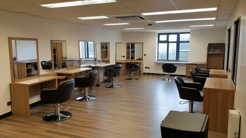 A Modern Training Room with Mirrors and Styling Stations for ...