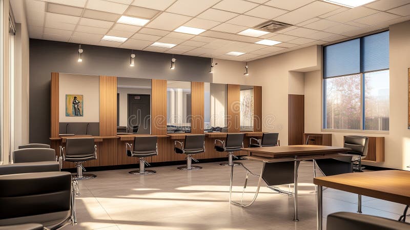 A Modern Training Room with Mirrors and Styling Stations for ...