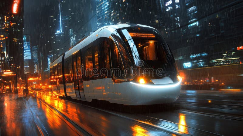 Modern Tram Car Rain Night Cityscape Stock Illustration - Illustration ...