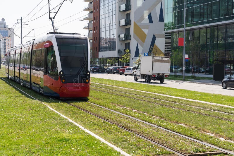 Modern Tram on the City Street Stock Image - Image of europe, city ...