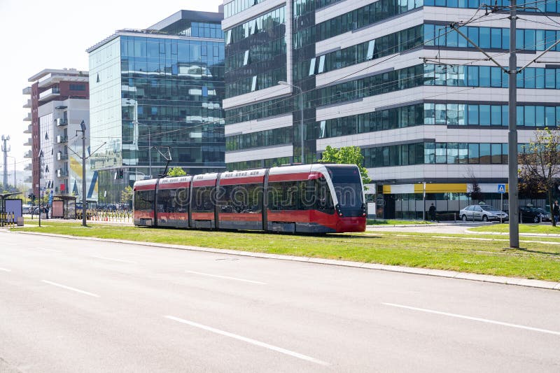 Modern Tram on the City Street Stock Image - Image of tram, navigation ...