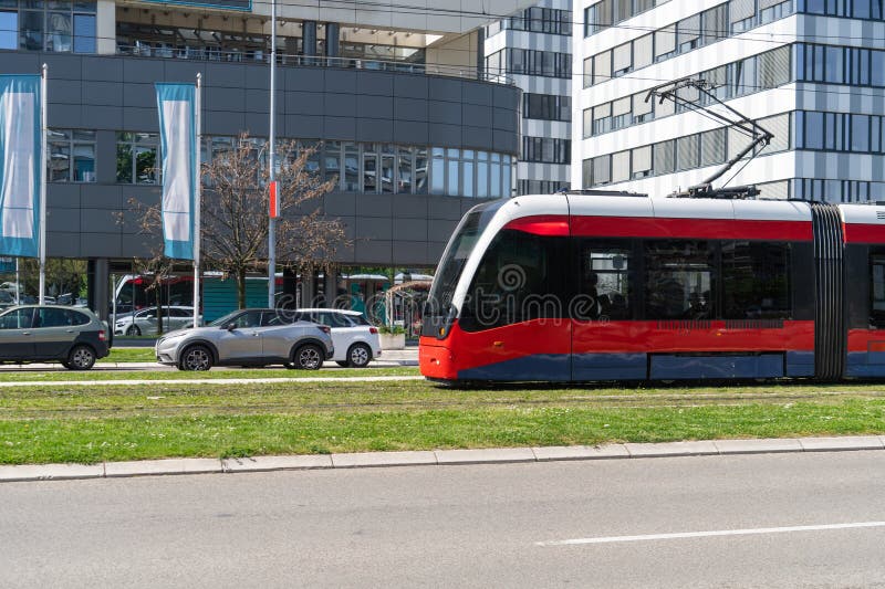 Modern Tram on the City Street Stock Image - Image of road, railway ...