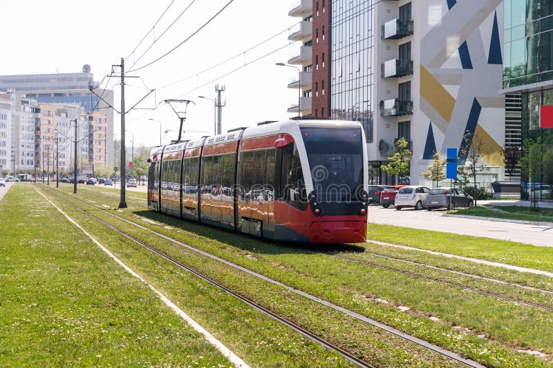 Modern Tram on the City Street Stock Image - Image of street, stop ...