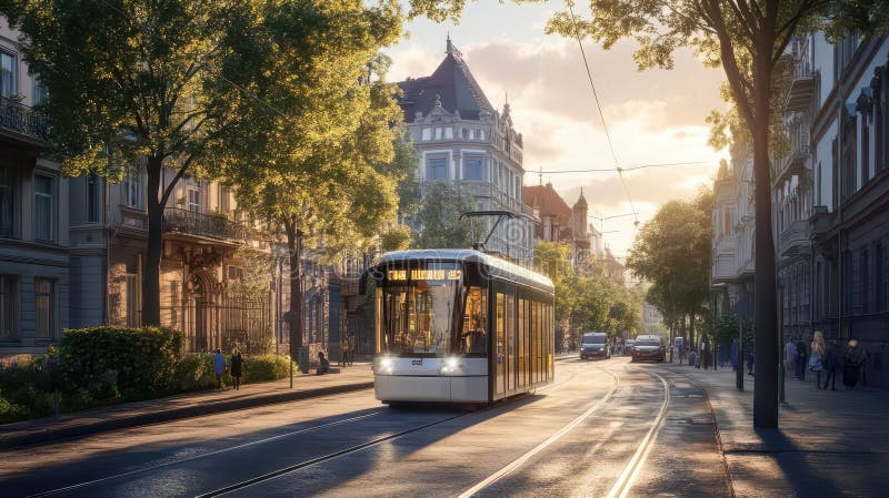 Modern Tram on City Street at Sunset Stock Illustration - Illustration ...