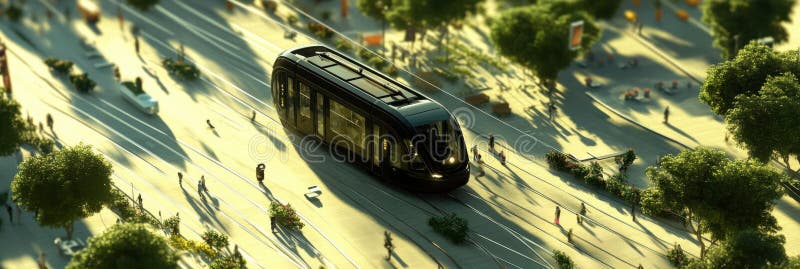 Modern Tram Glides through a City with Tilt-Shift Lens Effect and Urban ...