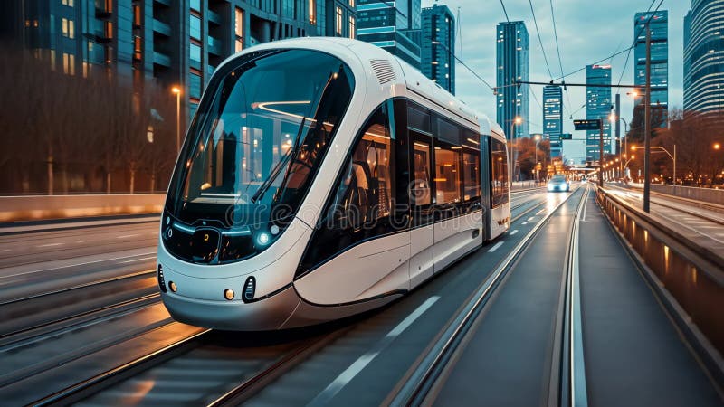 Modern Tram Rides through a Bustling Cityscape at Dusk Stock Footage ...