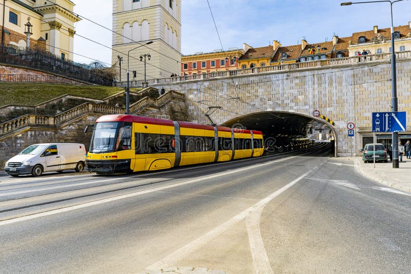 Modern Tram on the Street of Warsaw, Poland Stock Image - Image of ...