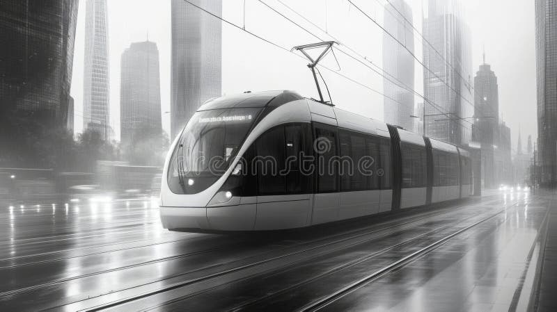 Modern Tram Transiting Urban Cityscape in Rain Stock Illustration ...