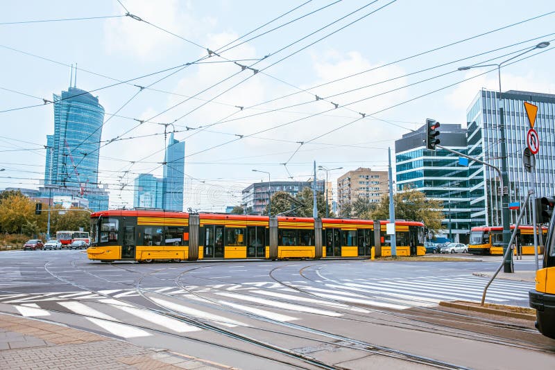 Modern Trams on City Street. Public Transport Stock Image - Image of ...