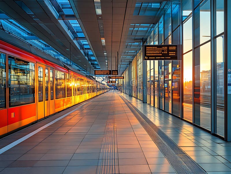 A Modern Transit Station with Train and Golden Sunlight Stock Photo ...