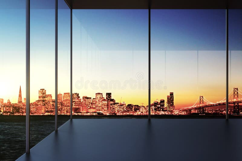 Modern Transparent Empty Room with City View at Sunset Stock Photo ...