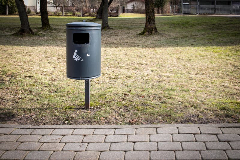 Modern Trash Can with Pictogram in Park Area Stock Photo - Image of ...
