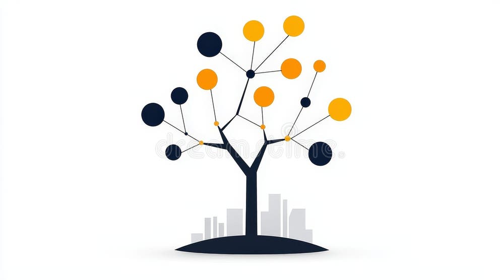 Modern Tree Design with Abstract Nodes and Urban Silhouette on White ...