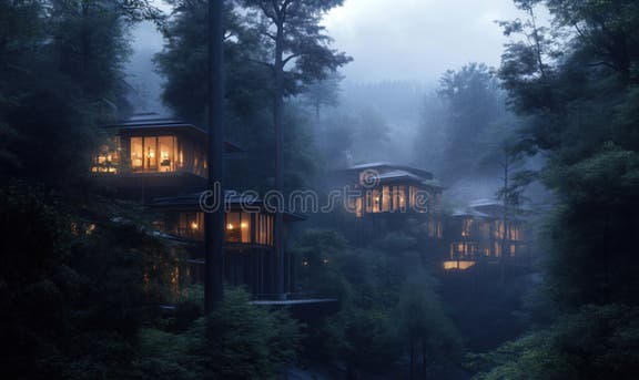 Modern Treehouse Architecture Nestled in Misty Forest Landscape ...