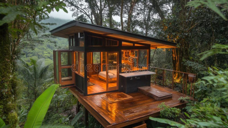 Modern Treehouse Cabin with Deck and Jungle Views Stock Illustration ...