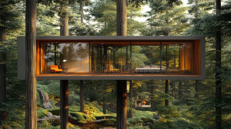 Modern Treehouse Cabin in Lush Forest Setting Stock Illustration ...
