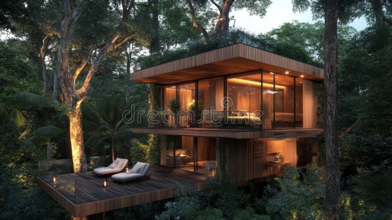 A Modern Treehouse with a Deck and Loungers Nestled in a Lush Forest ...