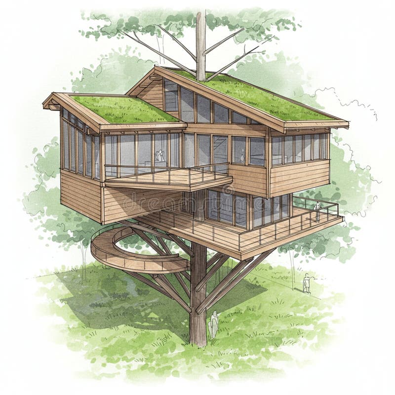 Modern Treehouse Design with Multiple Levels Suspended from a Large ...