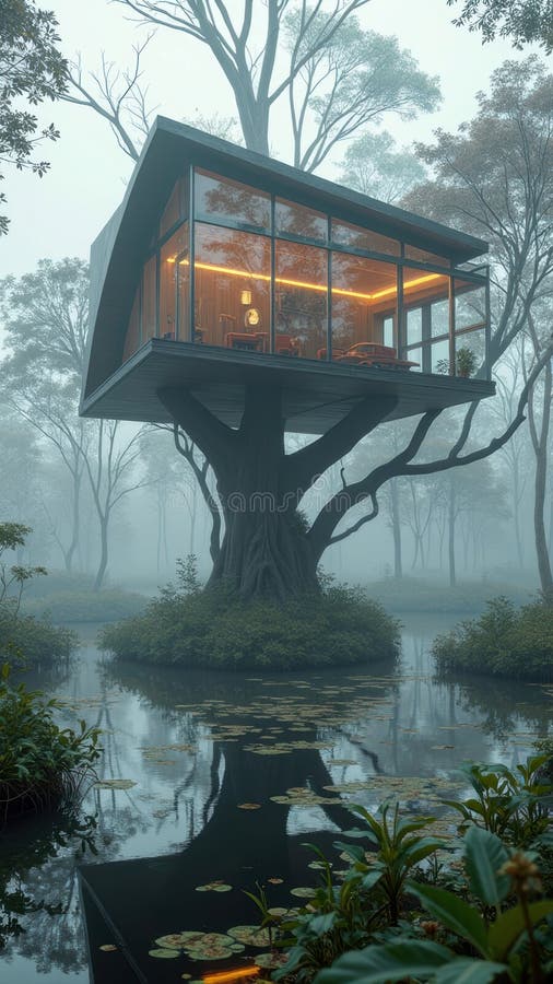 Modern Treehouse with Glass Walls in Misty Forest Overlooking Tranquil ...