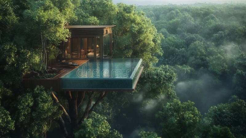 Modern Treehouse with Infinity Pool Overlooking a Lush Forest Stock ...